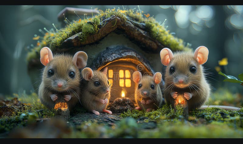 Illustration of a Fairy-tale House with Mice in the Forest. Stock Image ...