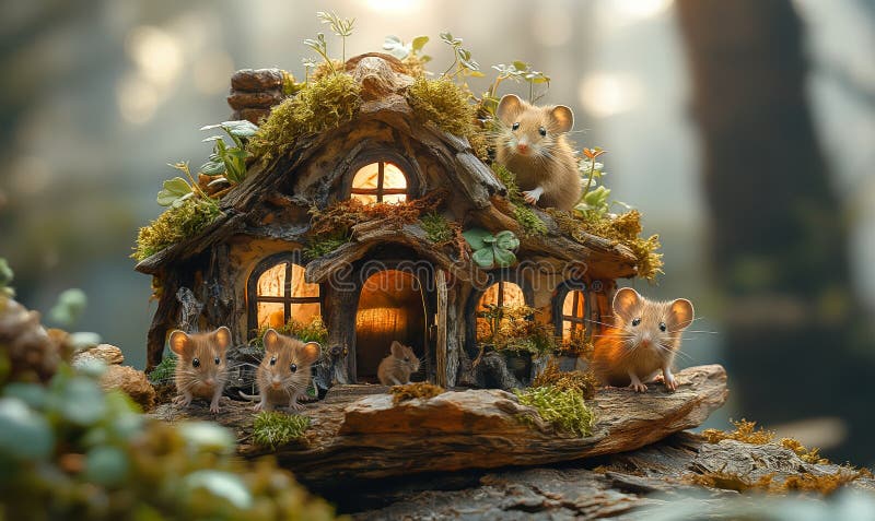 Illustration of a Fairy-tale House with Mice in the Forest. Stock Image ...