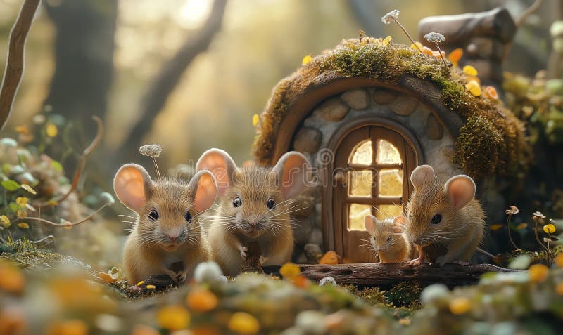 Illustration of a Fairy-tale House with Mice in the Forest. Stock Image ...