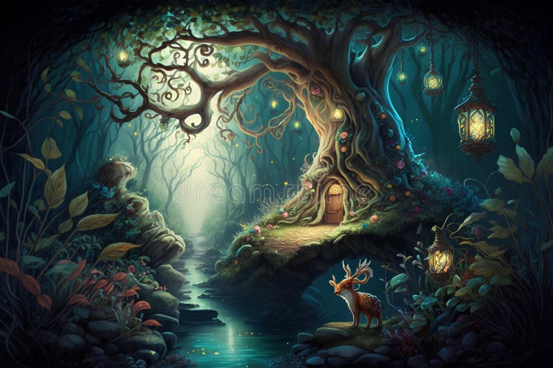 Illustration of a Fairy Tale Scene with a Magical Tree in the Dark ...