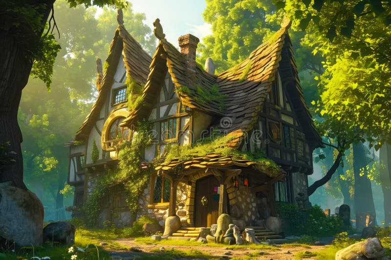 Illustration of a Fairytale Cottage in the Middle of a Forest Created ...