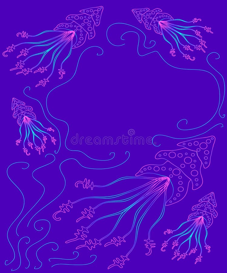 Illustration of Fantastic Ocean Creatures, Neon Color Outline Stock ...