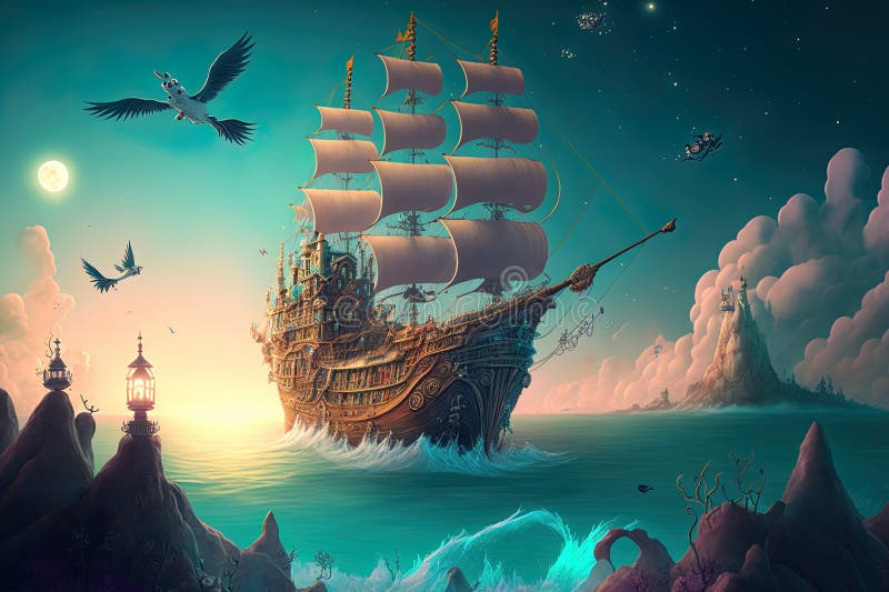 Illustration of a Fantastical Scene with a Flying Ship Stock ...