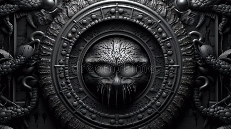 Illustration of Fantasy Alien Face in Metal Frame on Black Background ...