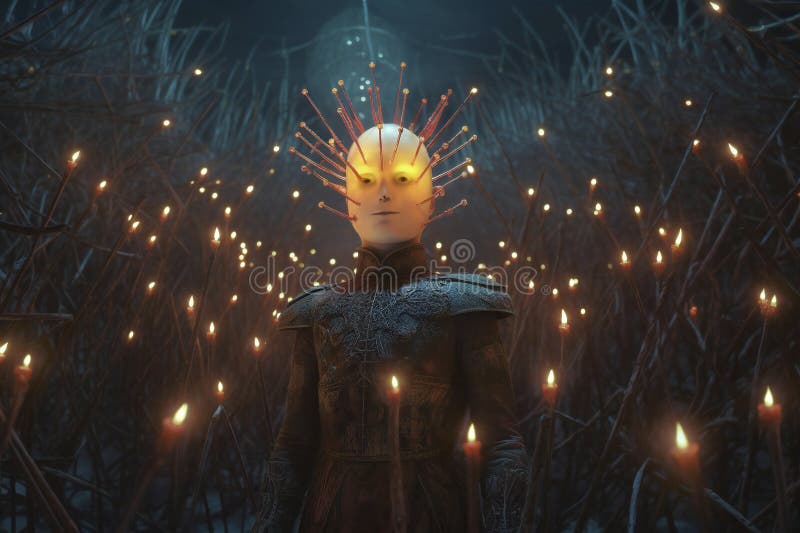 Illustration of a Fantasy Alien in the Forest with Lights Stock ...