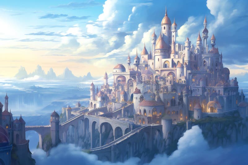 Fantasy Castle in the Clouds Stock Illustration - Illustration of magic ...