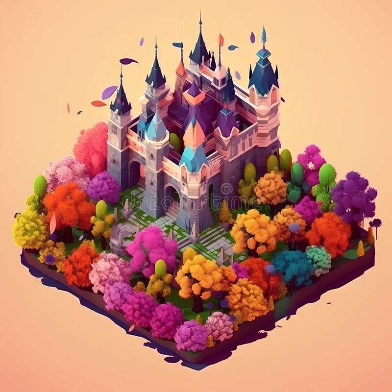 Illustration of Fantasy Castle with Flowers and Trees in Isometric View ...