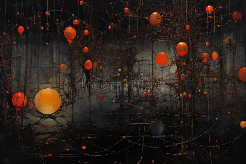 Illustration of a Fantasy Dark Forest with Red and Orange Balls and ...