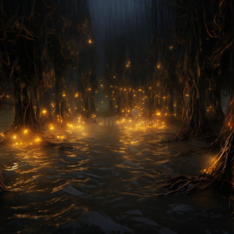 Fantasy Dark Forest with Tree Roots and Lights Stock Illustration ...