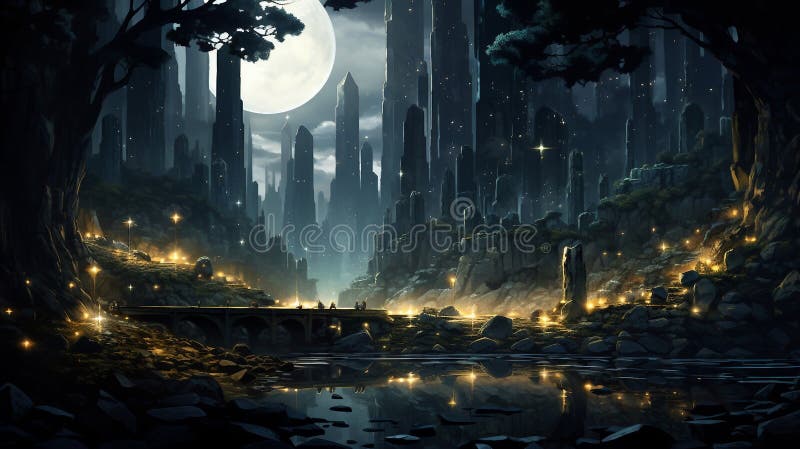 An Illustration of a Fantasy Landscape of a City with Trees and a ...
