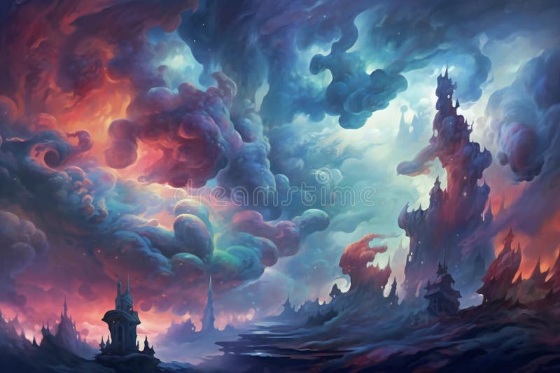 Fantasy Landscape with a Fire in the Sky Stock Illustration ...