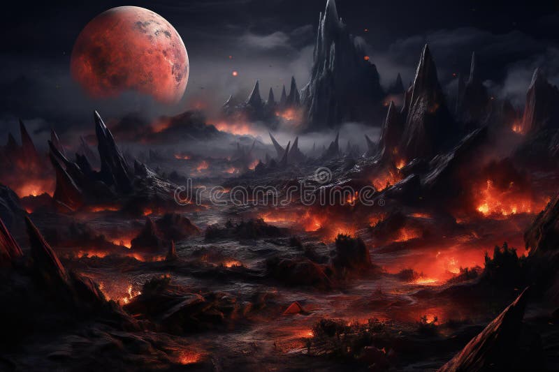 Fantasy Landscape with Red Planet and Fire Stock Illustration ...