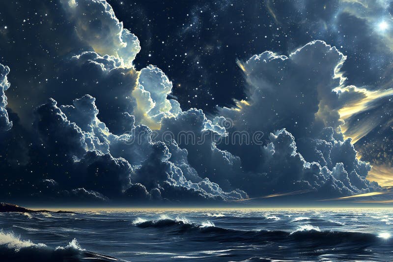Fantasy Seascape with Clouds and Ocean Stock Illustration ...
