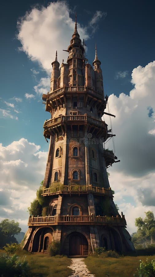 Illustration of a Fantasy Tower in a Scenic Landscape Stock ...