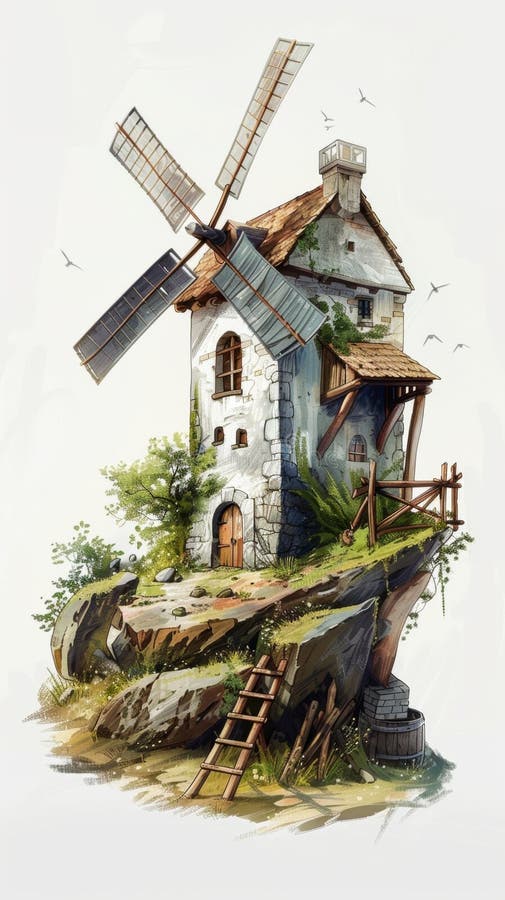 Illustration of a Fantasy Windmill on a Cliff Stock Image - Image of ...