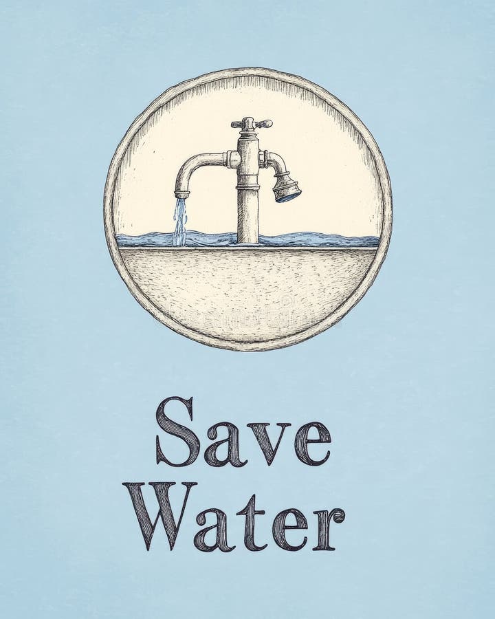 Illustration of a Faucet with Save Water Text on Blue Background. Stock ...