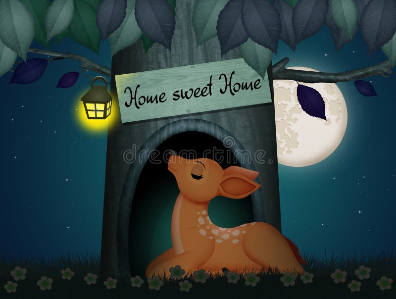 Illustration of the Fawn Sitting Under the Oak Tree in the Moonlight ...