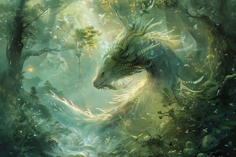 An Illustration of a Fearsome Dragon Moving through the Dense Forest ...