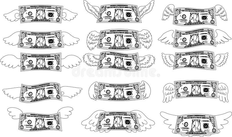 Feathered Deformed 1 Dollar Note Outline Set Stock Vector ...