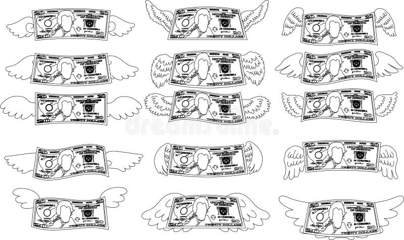 Feathered Deformed 20 Dollars Note Outline Set Stock Vector ...
