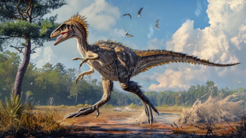 An Illustration of a Feathered Dinosaur Hunting for Prey Displaying the ...
