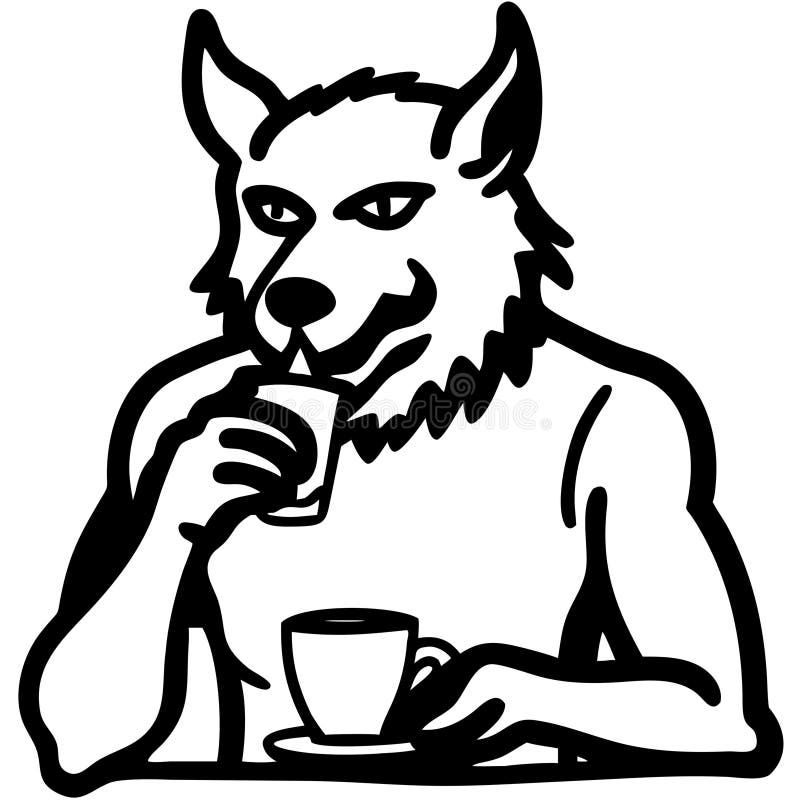 Anthropomorphic Wolf Enjoying Coffee Vector Illustration for Tattoo ...