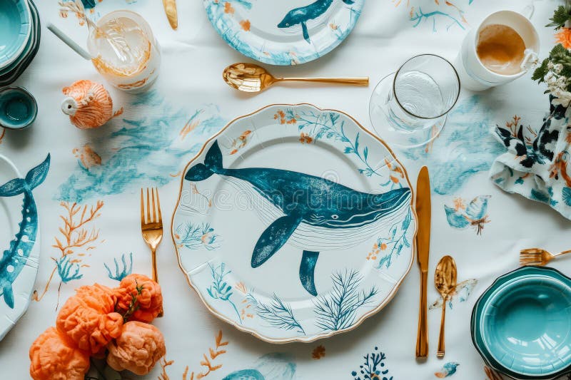 Whale Day Celebration Table Setting Stock Illustration - Illustration ...