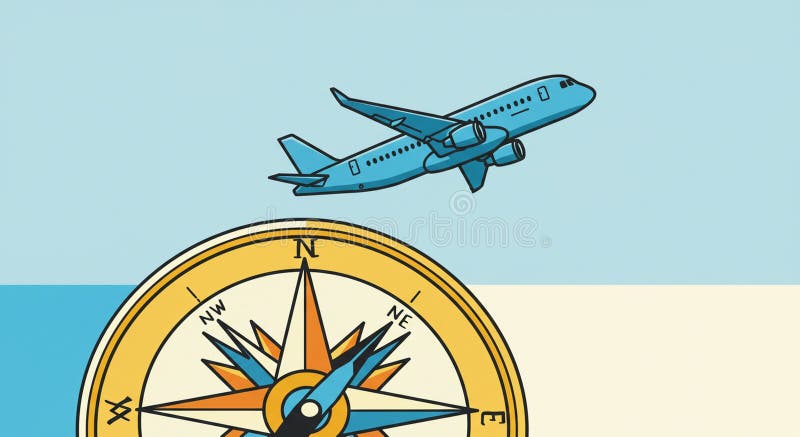 An Illustration Features a Blue Airplane Flying Above a Compass Rose ...