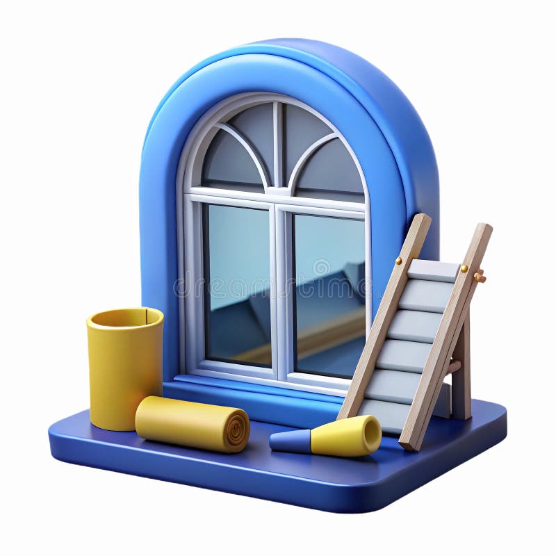 Blue Arched Window Illustration with Ladder and Painting Tools for ...