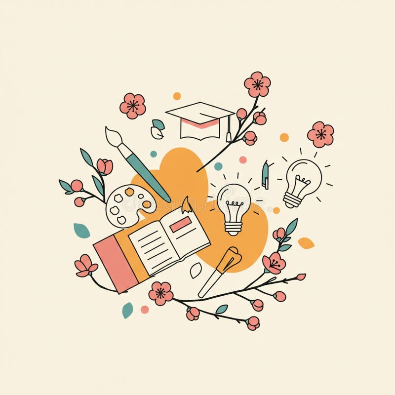 Illustration Features a Collection of Educational and Creative Symbols ...