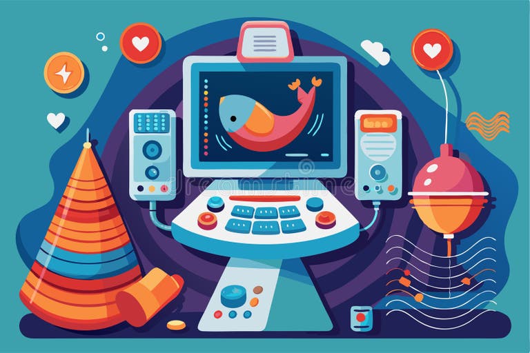 This Illustration Features a Customizable Sonography Device with Vibrant Elements Representing ...
