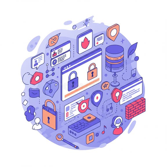 An Illustration Features Cyber Security Concepts, Including Padlocks, Shields, and Stock ...