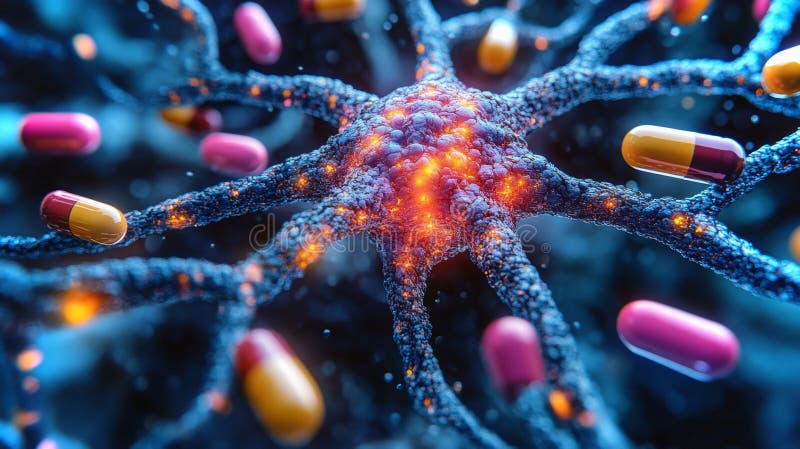 Detailed Illustration of Neuron Structure with Capsules Surrounding ...