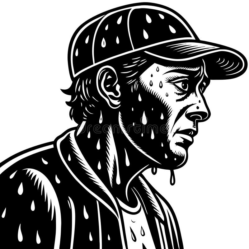 Drenched Man in Cap with Rain Droplets for Expressive Art Mascot ...