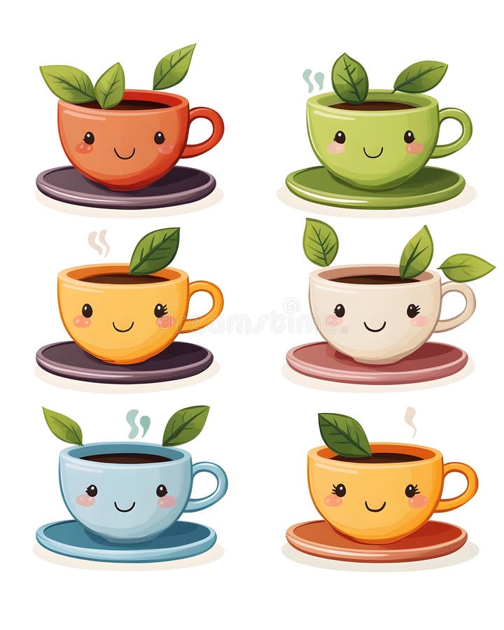 Cute Cartoon Teacups with Smiling Faces and Steam Tea Time Illustration ...