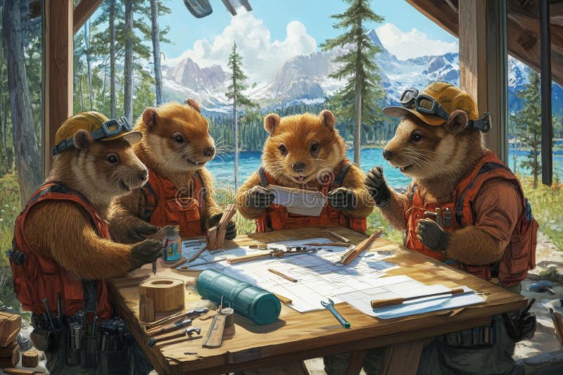 Beavers Collaborating on Construction Plans Stock Illustration ...