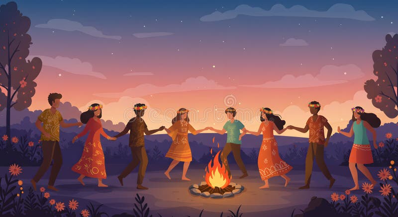 Sunset Dance: Community Circle Around Bonfire at Dusk, Celebrating ...