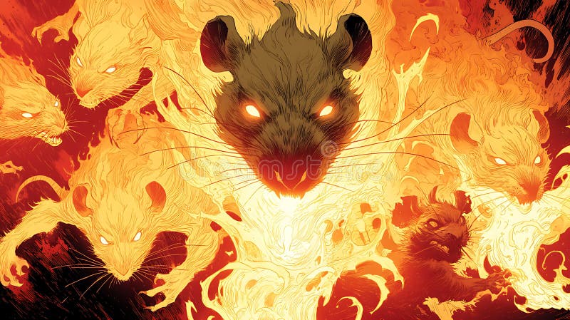 This Illustration Features a Group of Stylized Rats Engulfed in Flames ...