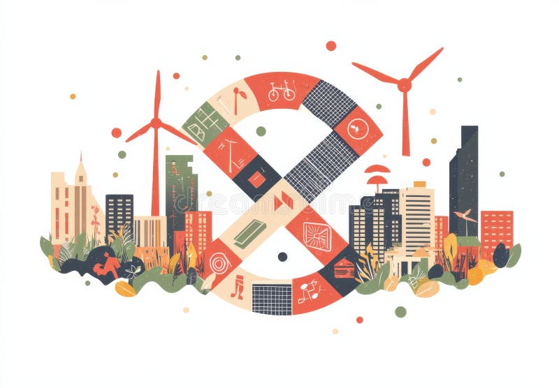 Sustainable Energy Concept with Infinity Symbol and Cityscape Stock ...