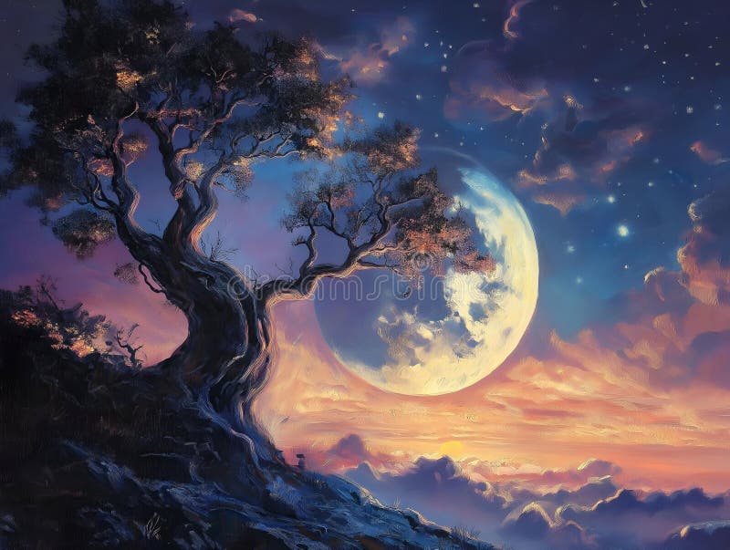 Mystical Night Scene with Tree and Moon Stock Illustration ...