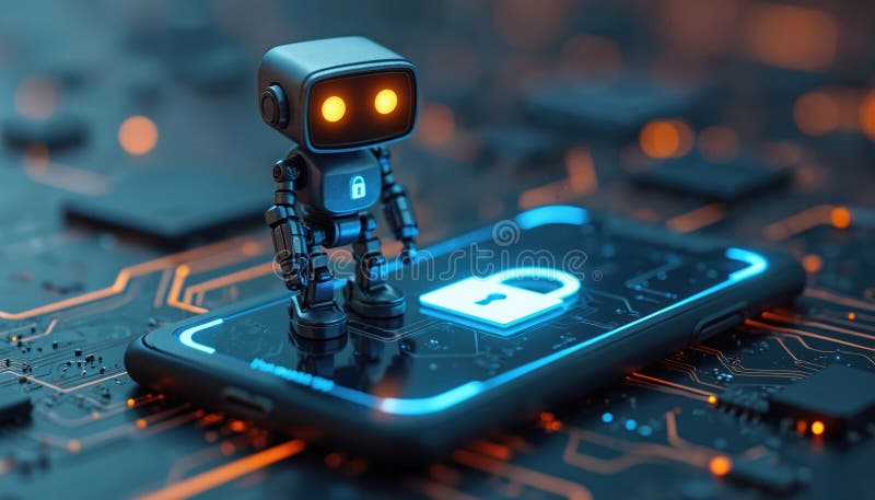 Illustration Features Robot Standing on Smartphone with Lock Symbol on ...