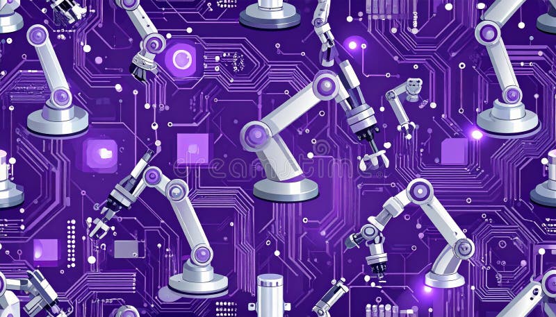 Abstract Illustration of Robotic Arms on a Purple Circuit Board ...
