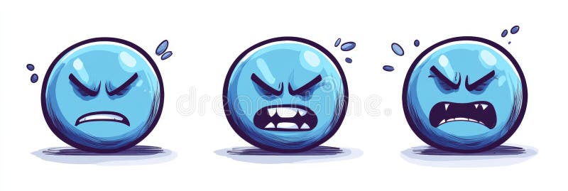 Three Blue Angry Emoticons in Doodle Style on a White Background ...