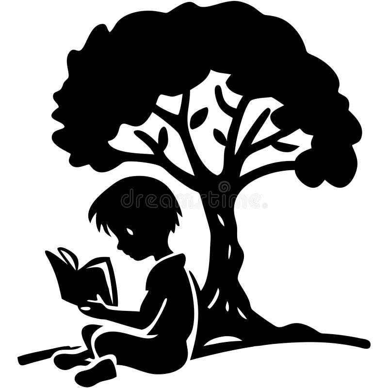 Child Reading Under Tree Silhouette Vector Illustration for Education ...