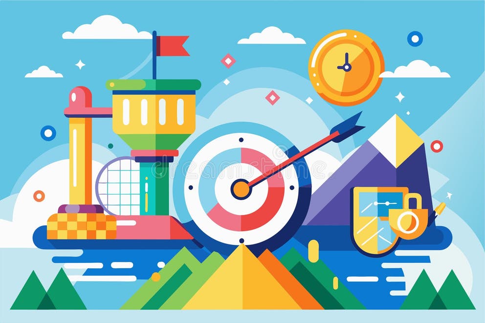 The Illustration Features a Target with an Arrow, Mountains, and a ...