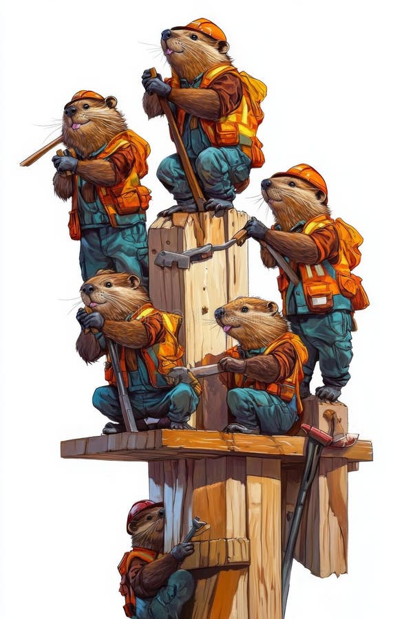 Beavers Building Together in Safety Gear Stock Illustration ...