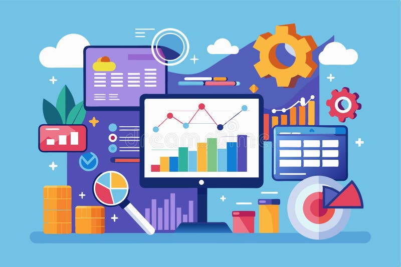 This Illustration Features Various Analytical Tools, Colorful Charts ...
