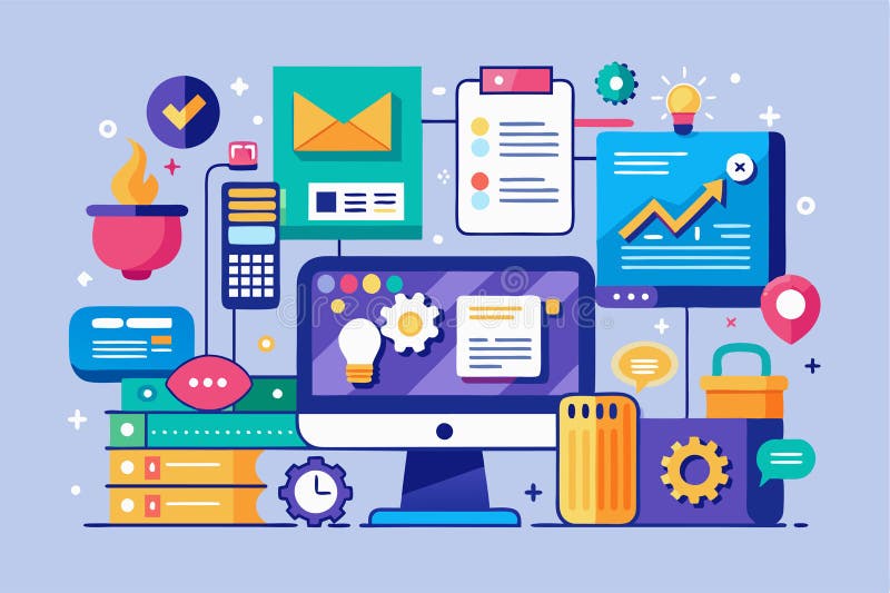 The Illustration Features Various Digital Tools, Devices, and Icons ...