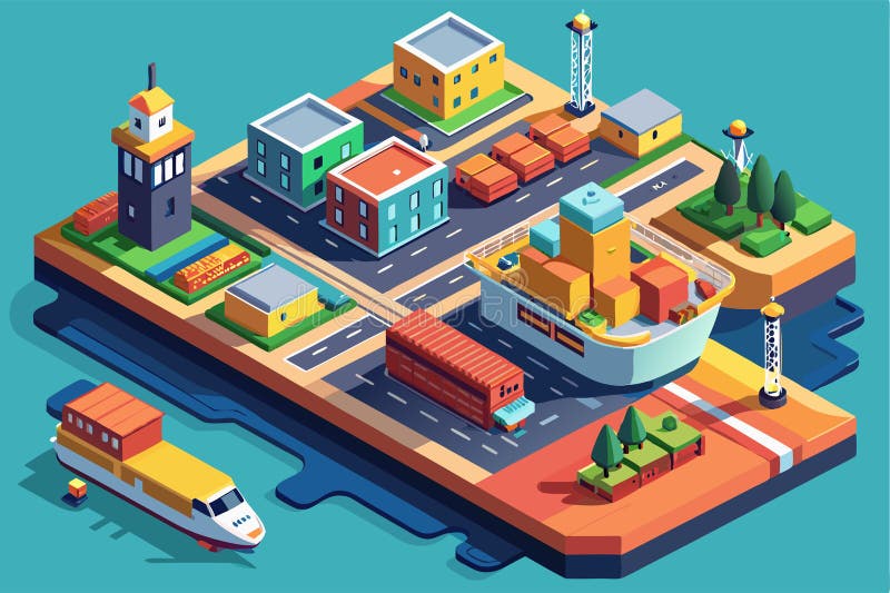 This Illustration Features a Vibrant Isometric Port Layout with ...