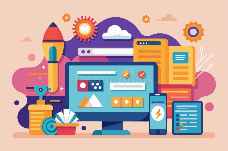 This Illustration Features a Vibrant Workspace Filled with Various Tech ...